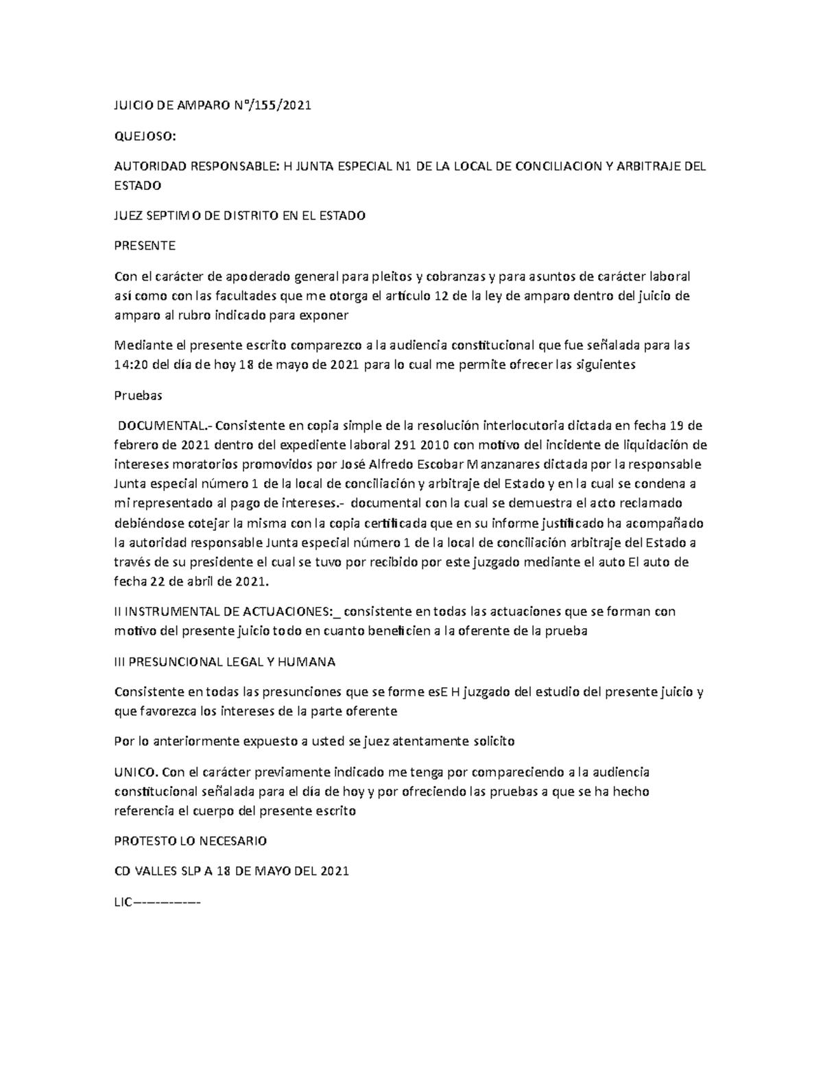 Ofrecimienoto de pruebas - JUICIO DE AMPARO N°/155/ QUEJOSO: AUTORIDAD ...
