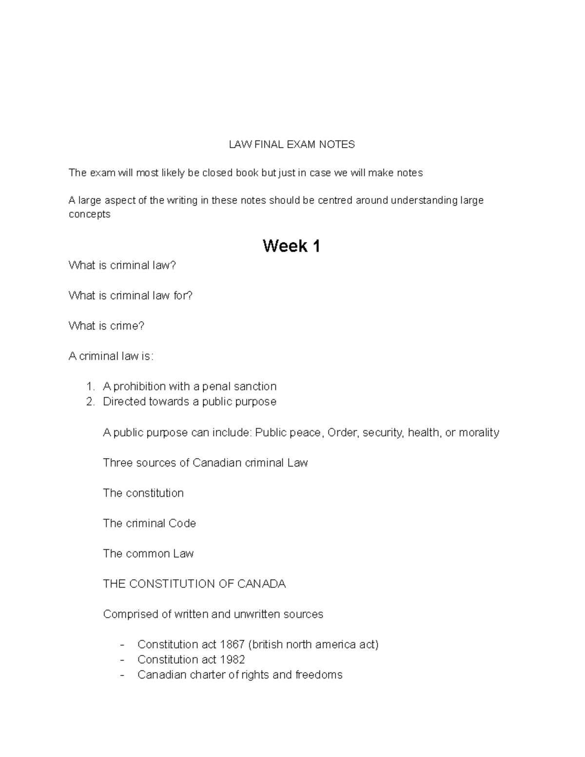 LAWS 2302C Notes for all weeks - LAW FINAL EXAM NOTES The exam will ...
