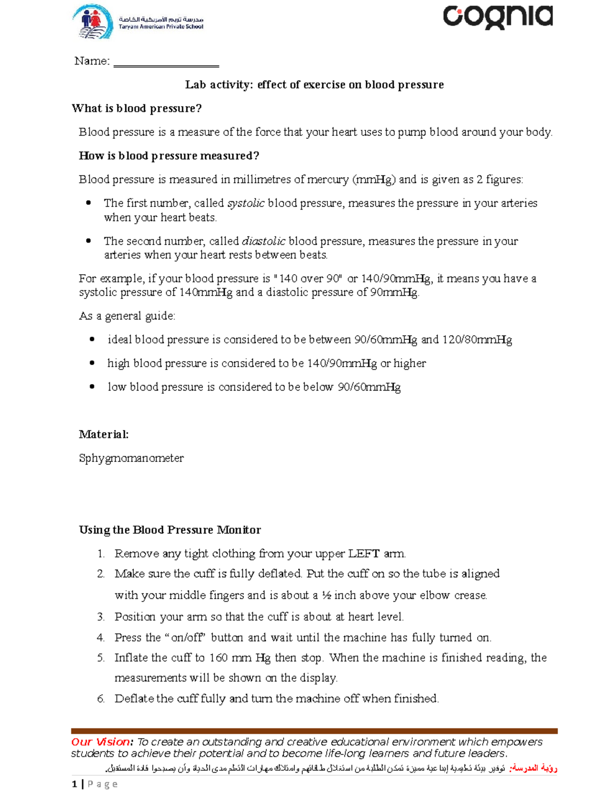 Blood pressure lab activity - Name : _______________ Lab activity ...