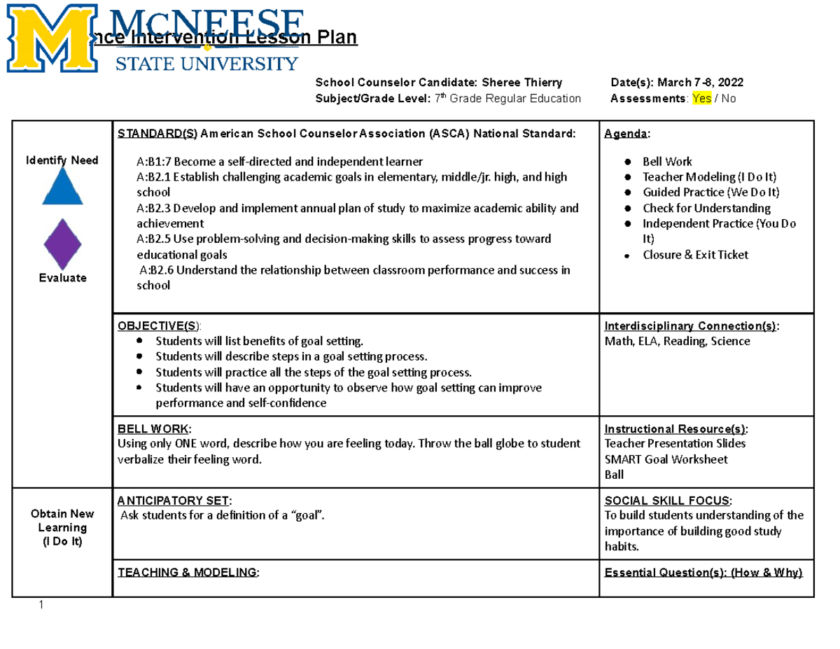 School Guidance Intervention Lesson Plan 3 - Guidance Intervention ...