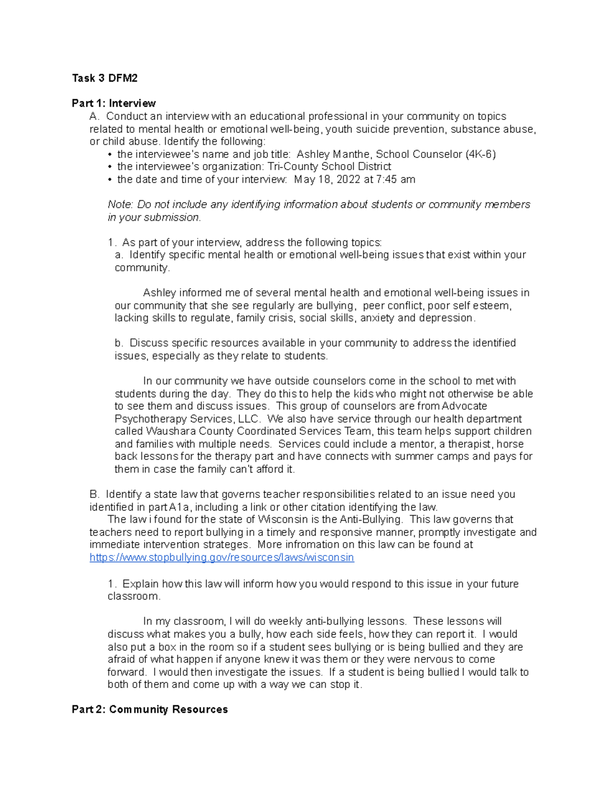 Interview on Mental Health and Resources in Community - Studocu