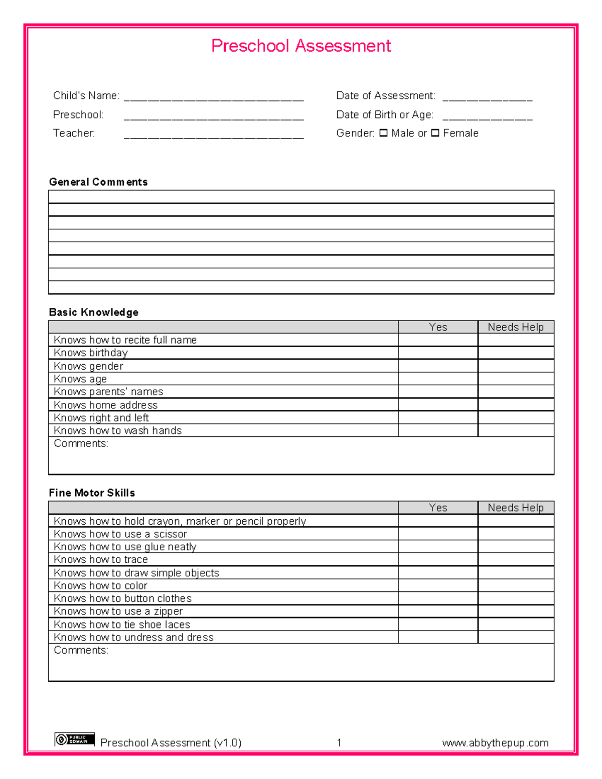Preschool-Assessment - Preschool Assessment ####### Child’s Name