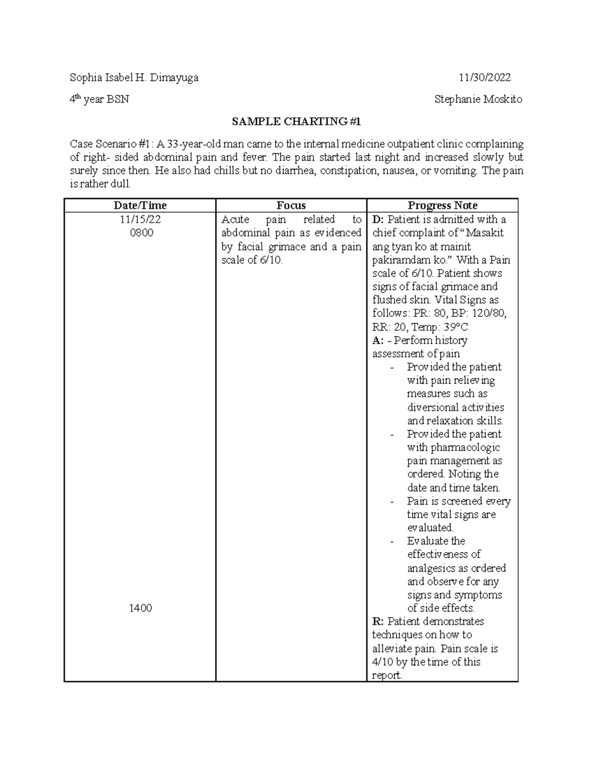 HN sample chart - Sophia Isabel H. Dimayuga 11/30/ 4 th year BSN ...