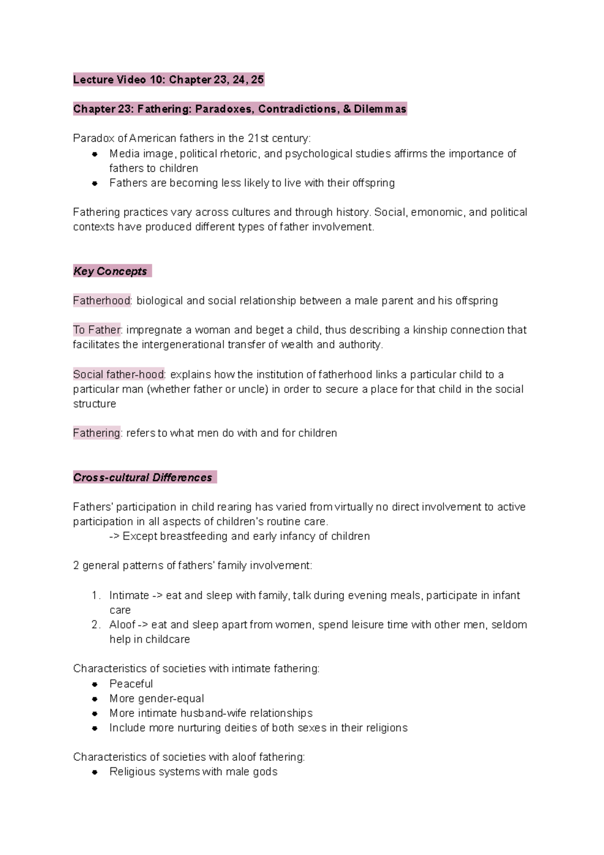 FAM 354 Lecture Video 10 Ch. 23, 24, 25 - Lecture Video 10: Chapter 23, 24, 25 Chapter 23: - Studocu