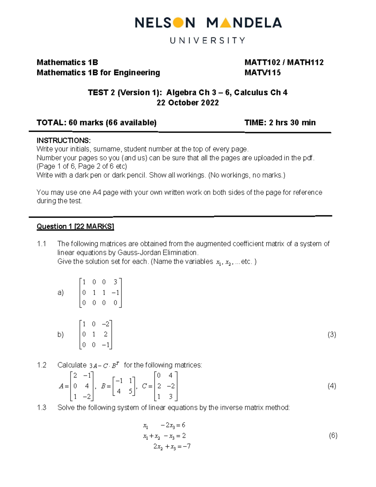 MATV115 Mathematics 1B Semester Test 2V1 - Mathematics 1B MATT102 ...