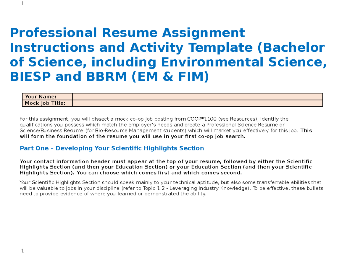 Professional Resume Assignment Instructions and Template Science, ES ...