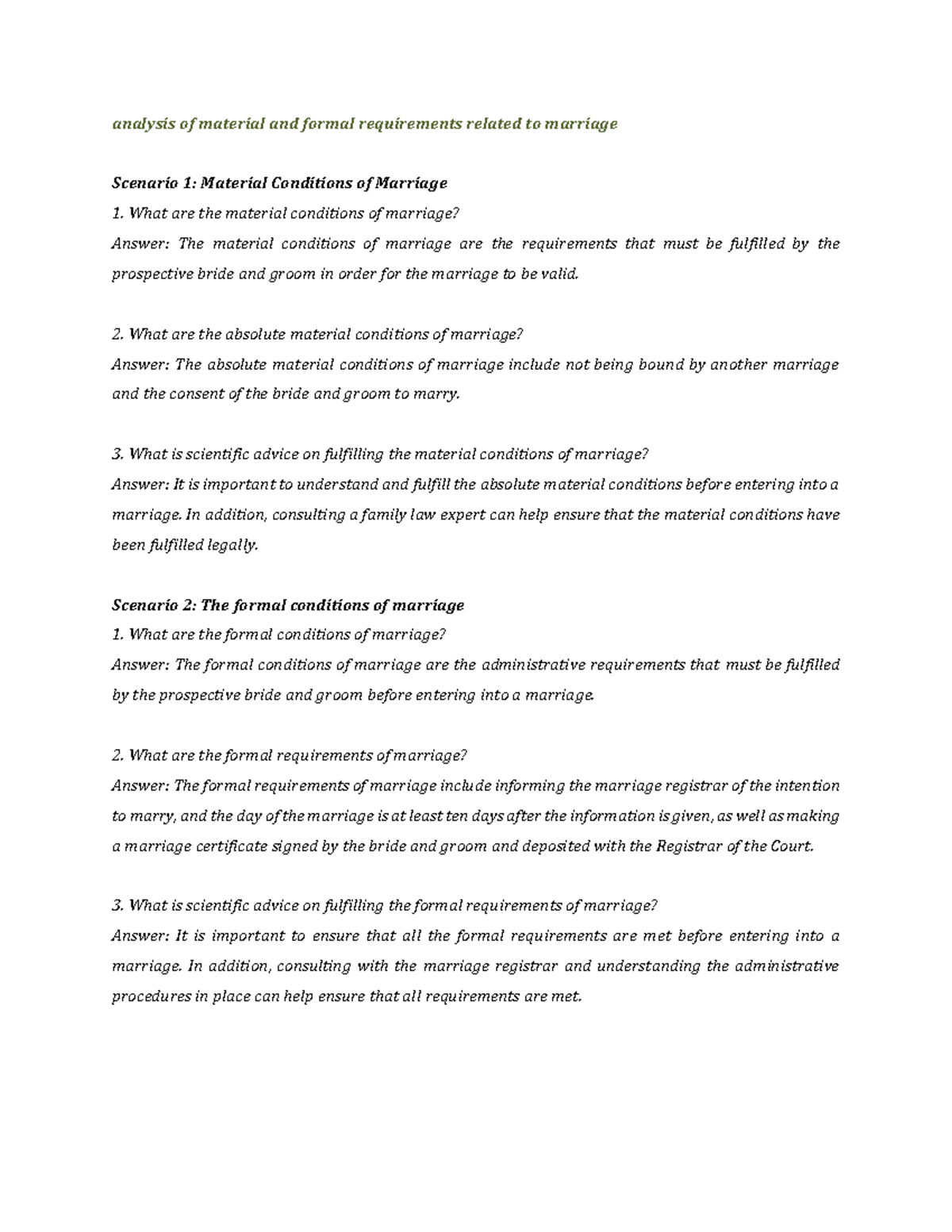 Family and matrimonial law case scenario 8 - analysis of material and ...