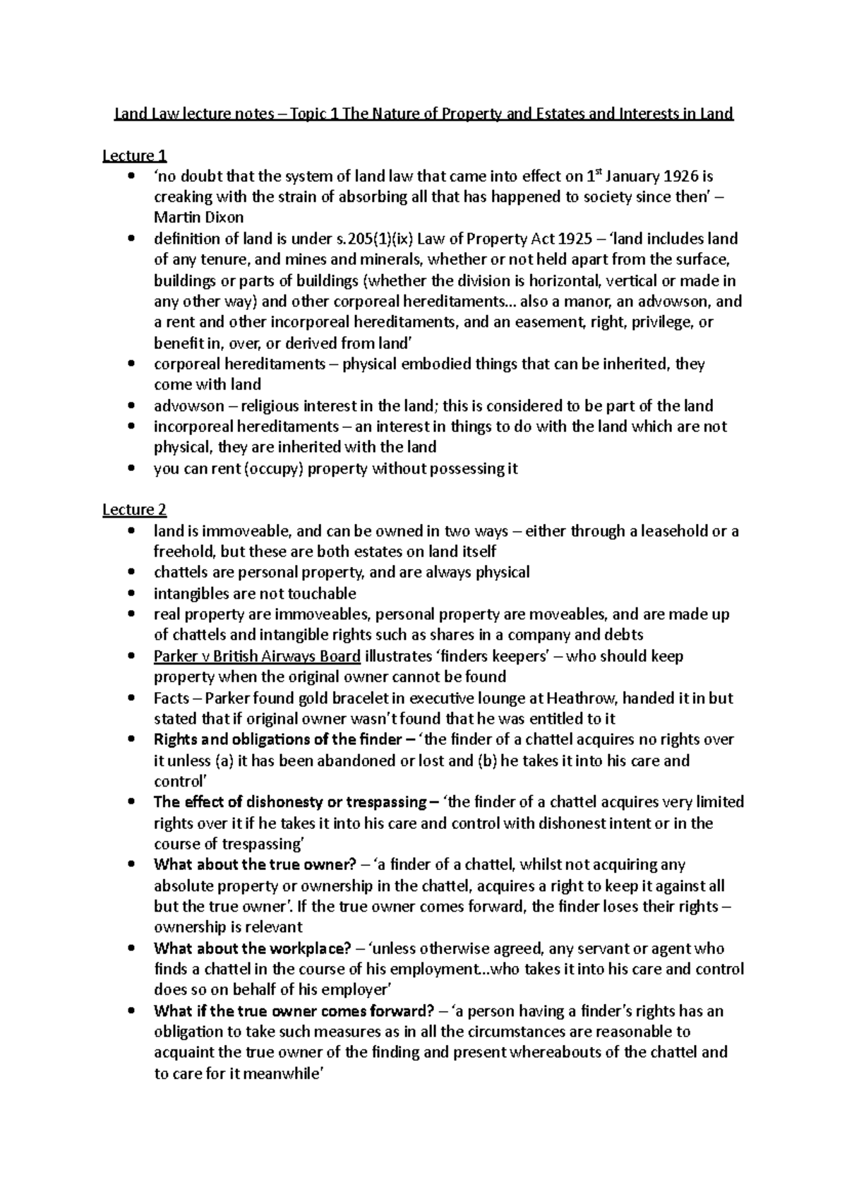 Topic 1 Module Outline - Summary Land Law - Land Law lecture notes ...