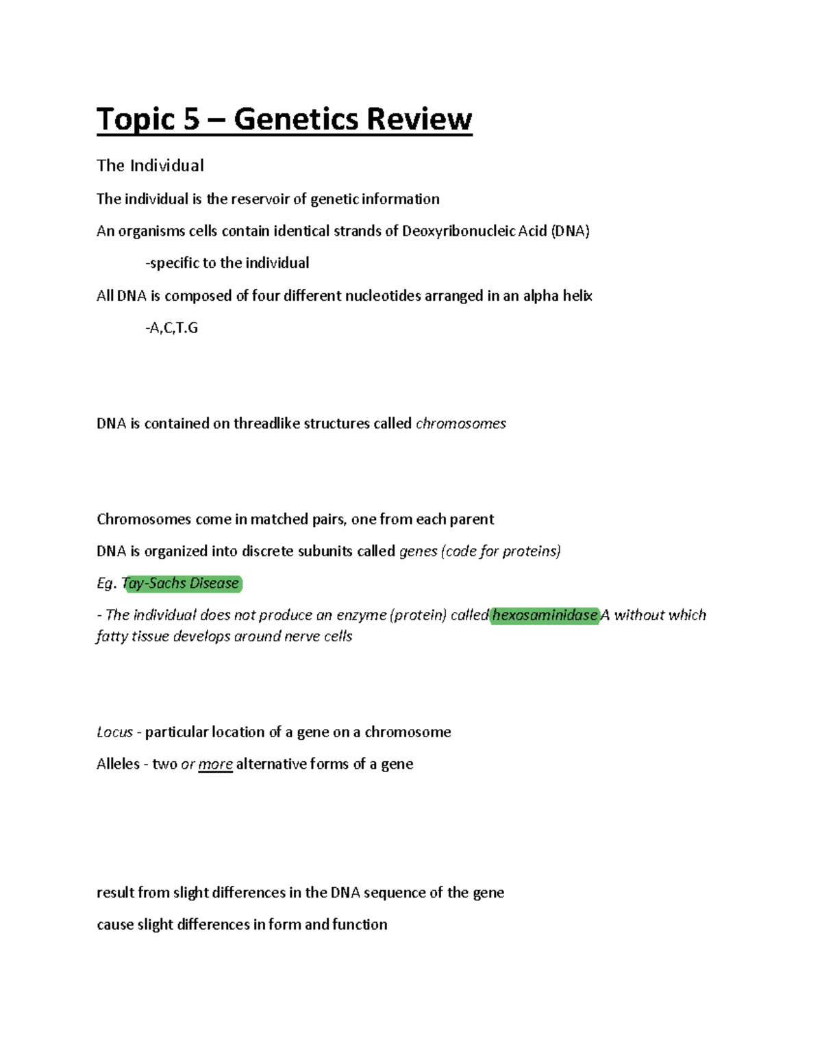 Topic 5 - Genetics Review - Topic 5 – Genetics Review The Individual ...