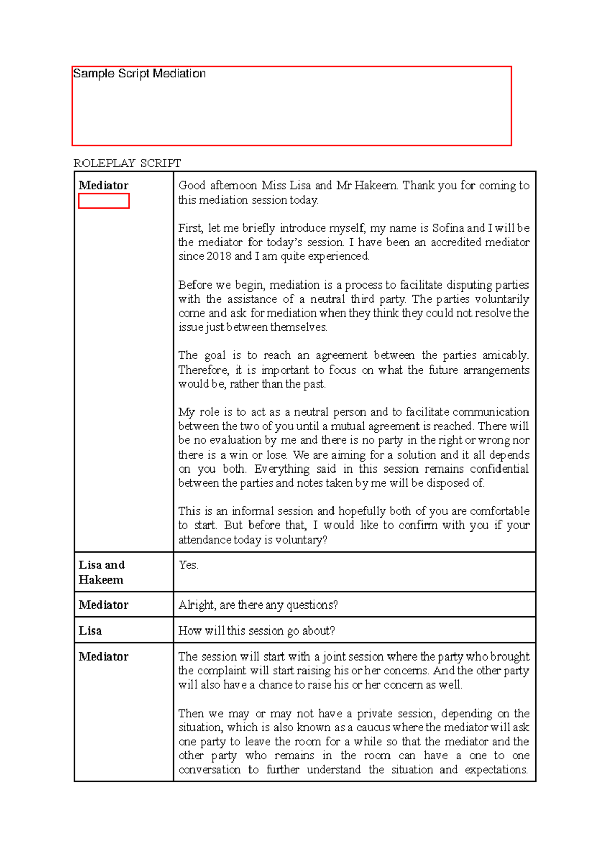 Roleplay Script - GROUP 2 2018738 - Siti Nadrah Sofina binti Mohammad ...