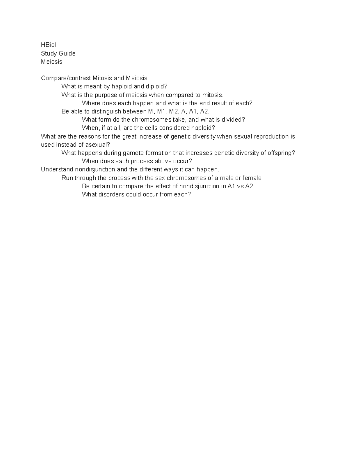 Copy of Meiosis study guide - HBiol Study Guide Meiosis Compare ...