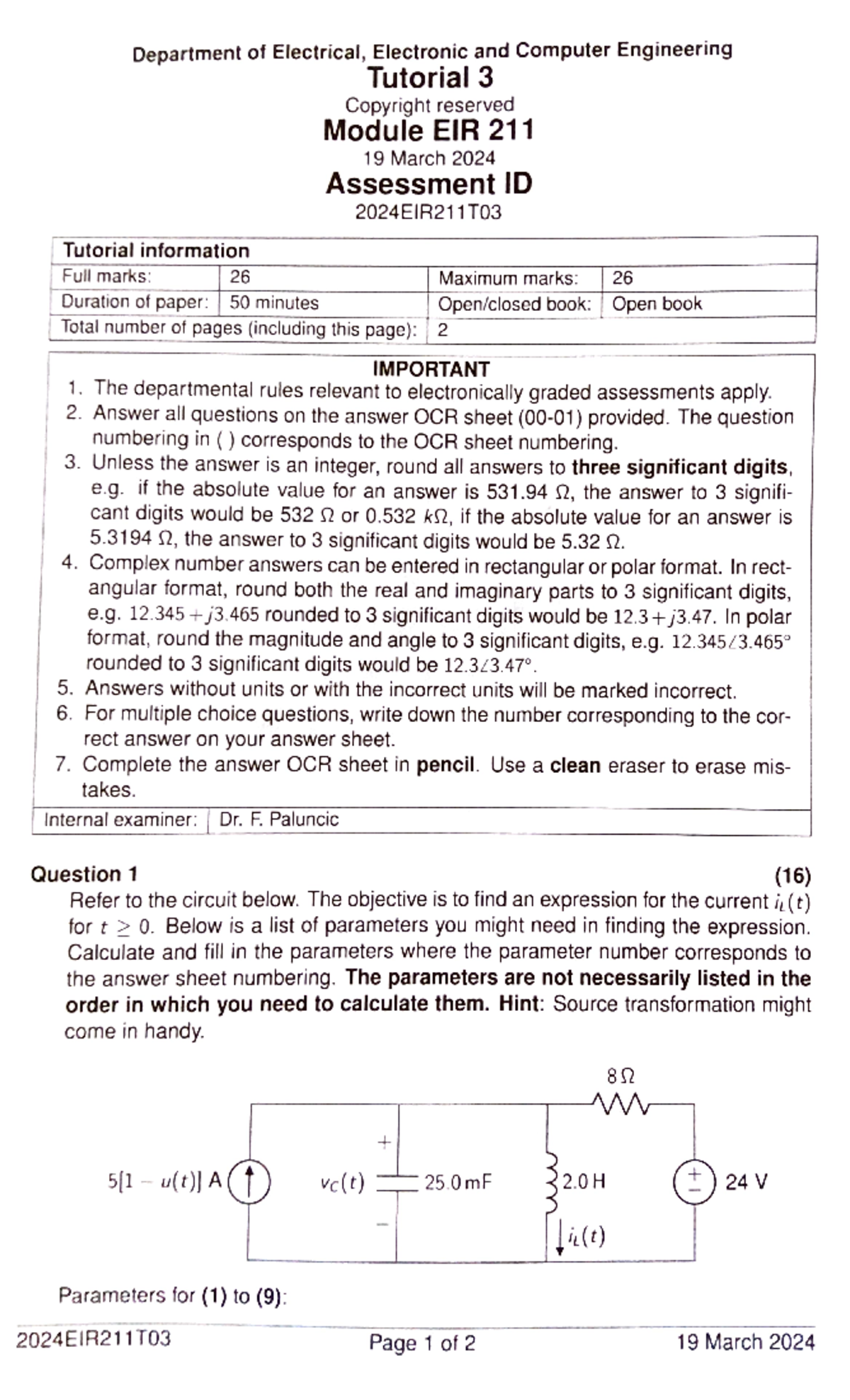 EIR211 TUT 03 2024 - Department of Electrical, Electronic and Computer Engineering Tutorial ...