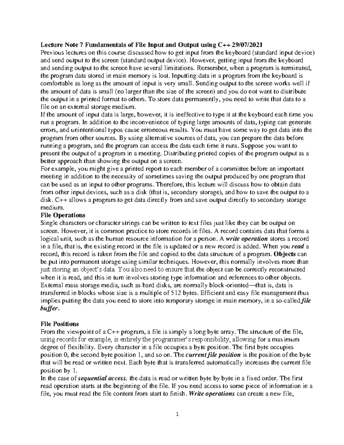 Lecture Note 7 Fundamentals of File Input and Output using C++ 29-07 ...
