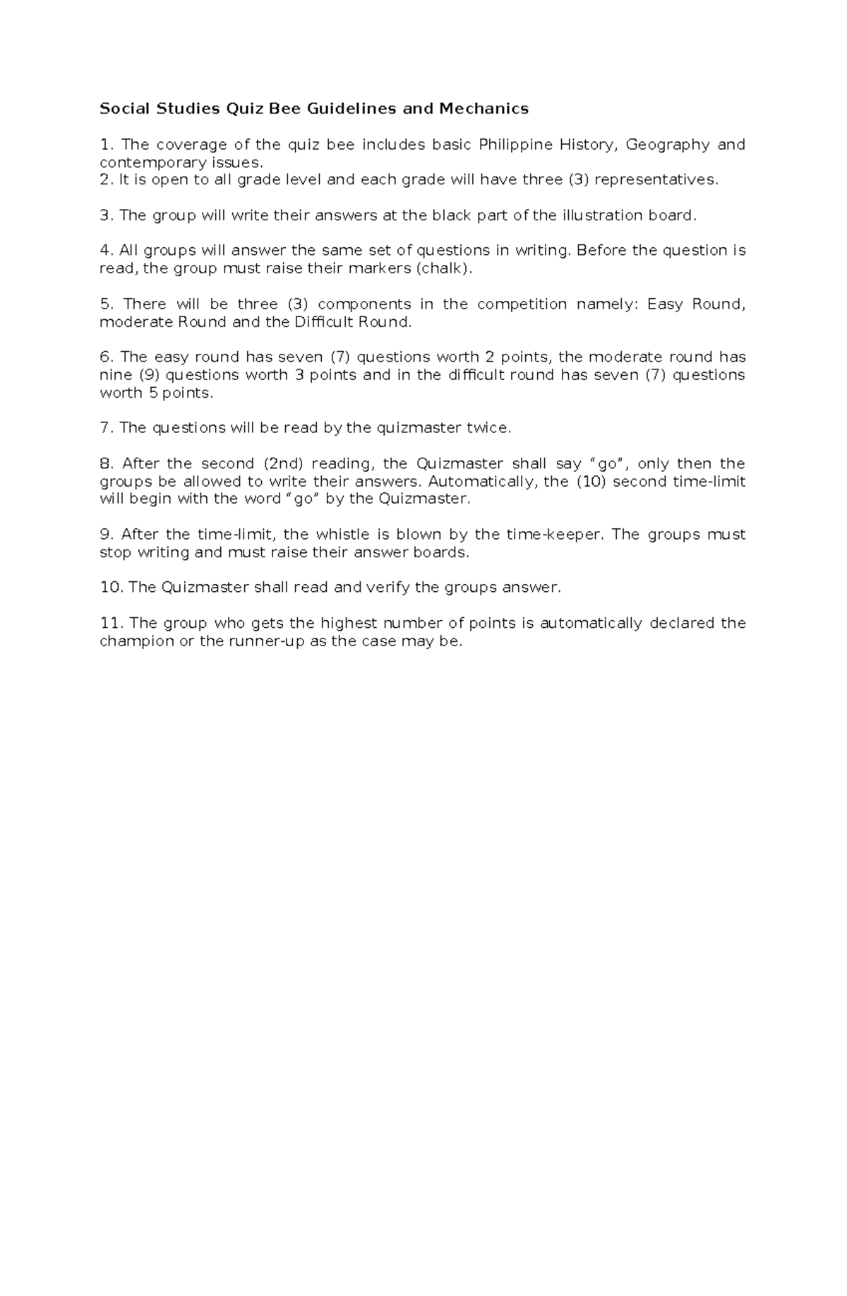 Social Studies Quiz Bee Guidelines and Mechanics - It is open to all ...