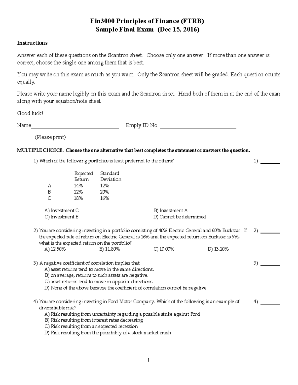 Final finance 3000 - notes with practice questions - Fin3000 Principles ...