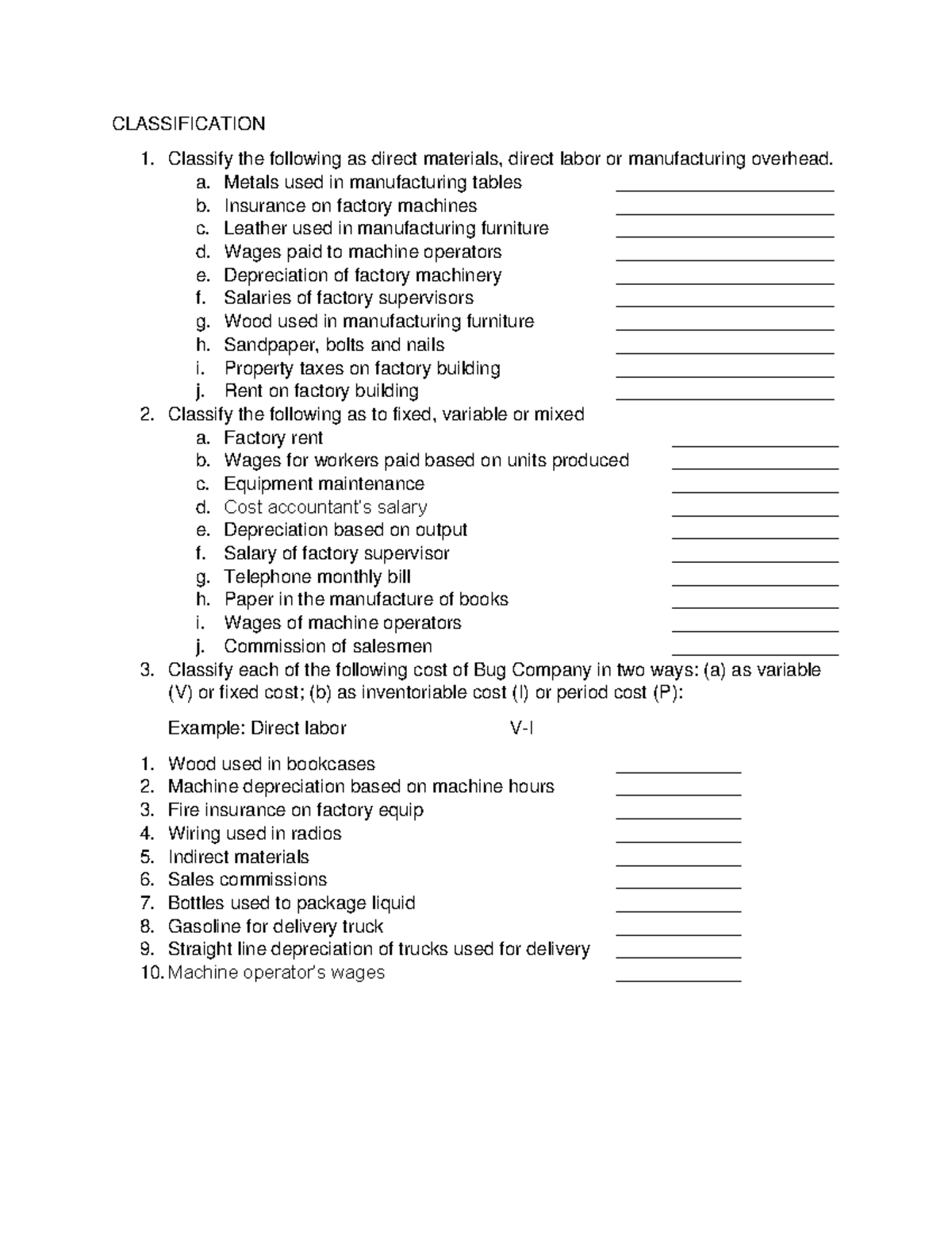 Practice Activity for accounting - CLASSIFICATION Classify the ...