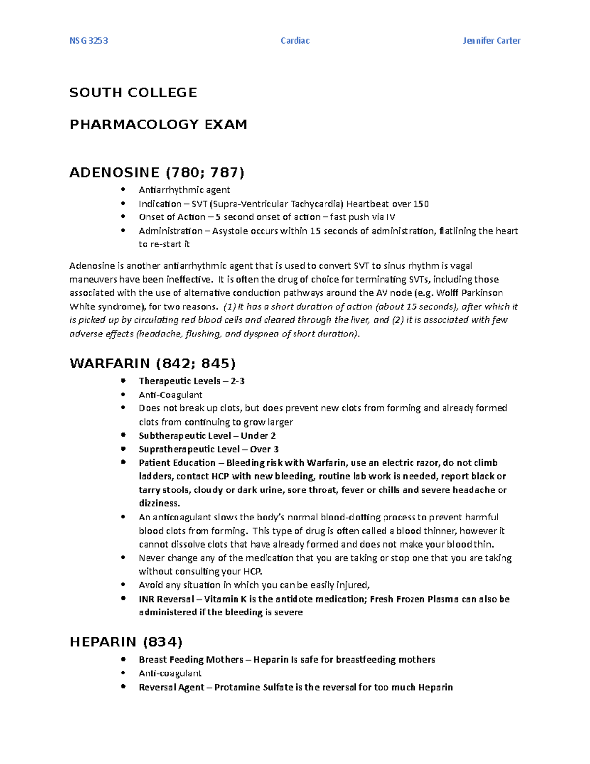 Pharmacology Cardiac Study Guide - SOUTH COLLEGE PHARMACOLOGY EXAM ...