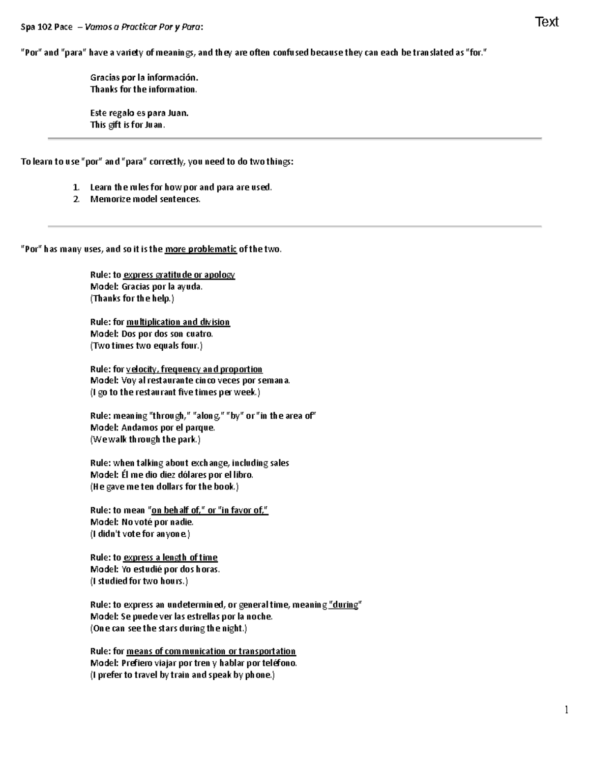 Por and Para - Por and Para - Spa 102 Pace – Vamos a Practicar Por y ...