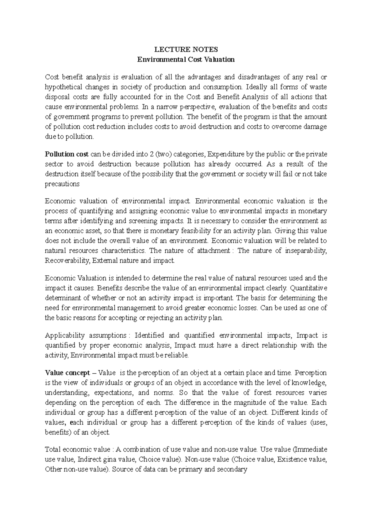 Ecology Environmental Cost Valuation - LECTURE NOTES Environmental Cost ...