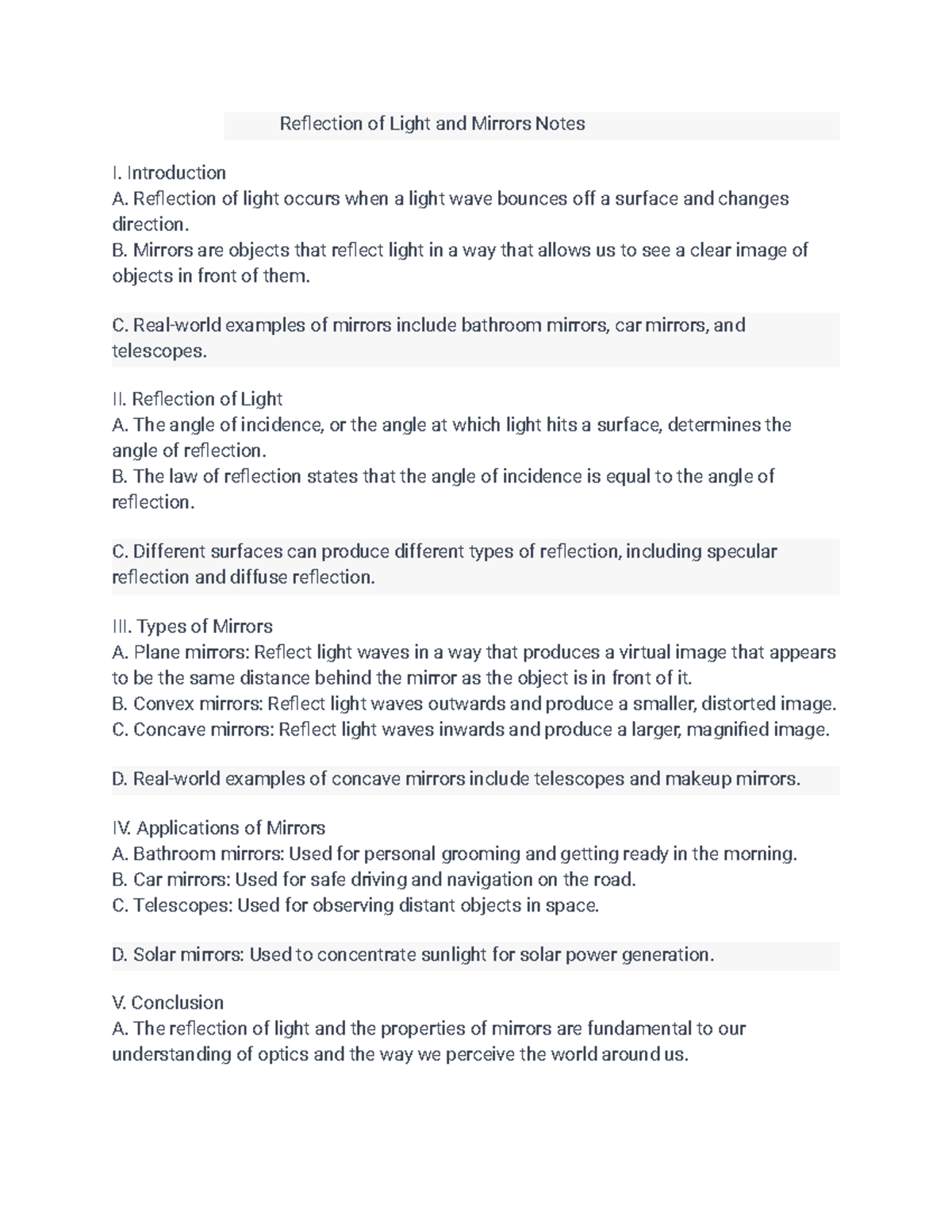 Reflection of Light and Mirrors Notes - Introduction A. Reflection of ...
