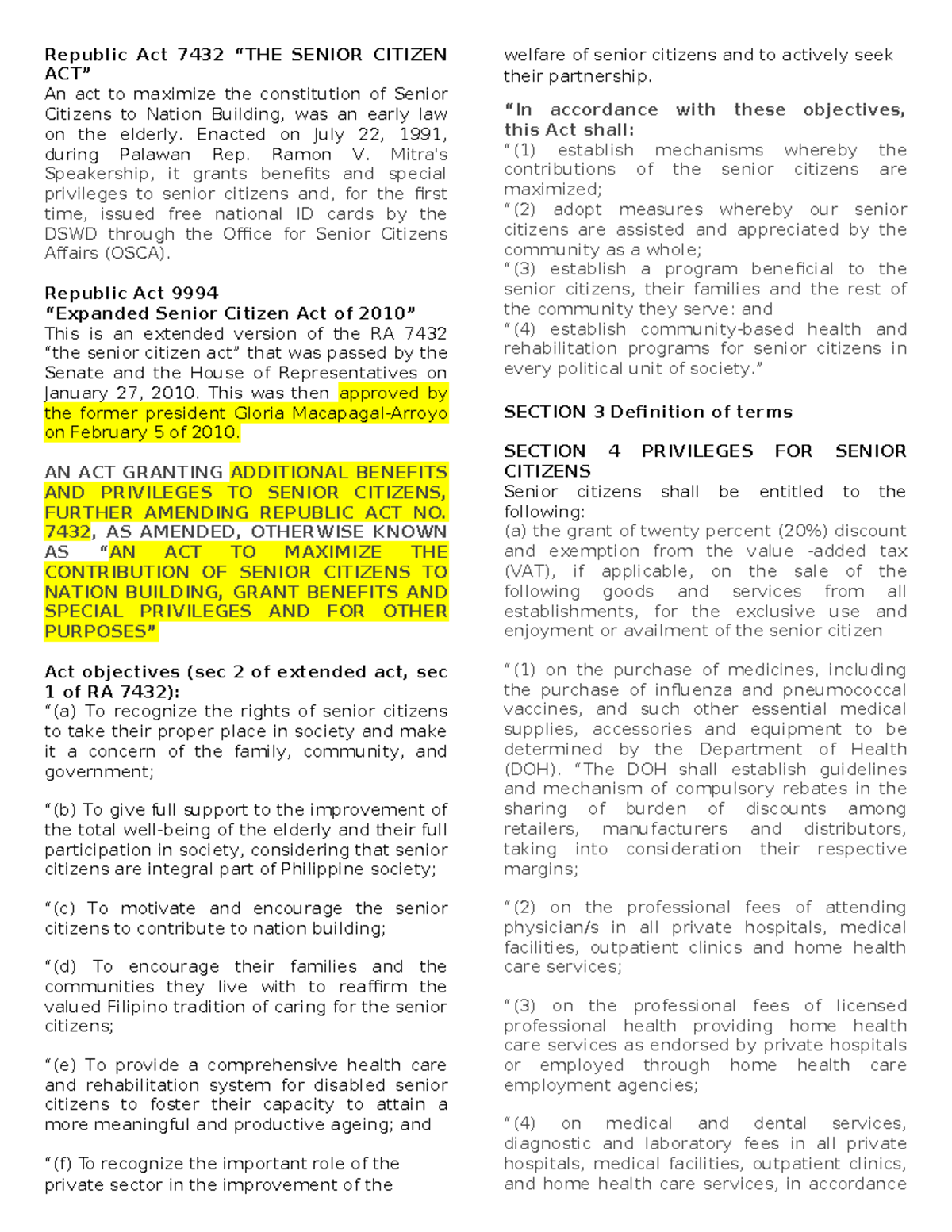 Stratax- Mdterm - Republic Act 7432 “THE SENIOR CITIZEN ACT” An act to ...