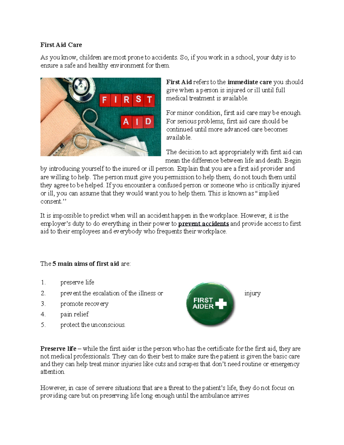 First Aid care Readings - First Aid Care As you know, children are most ...