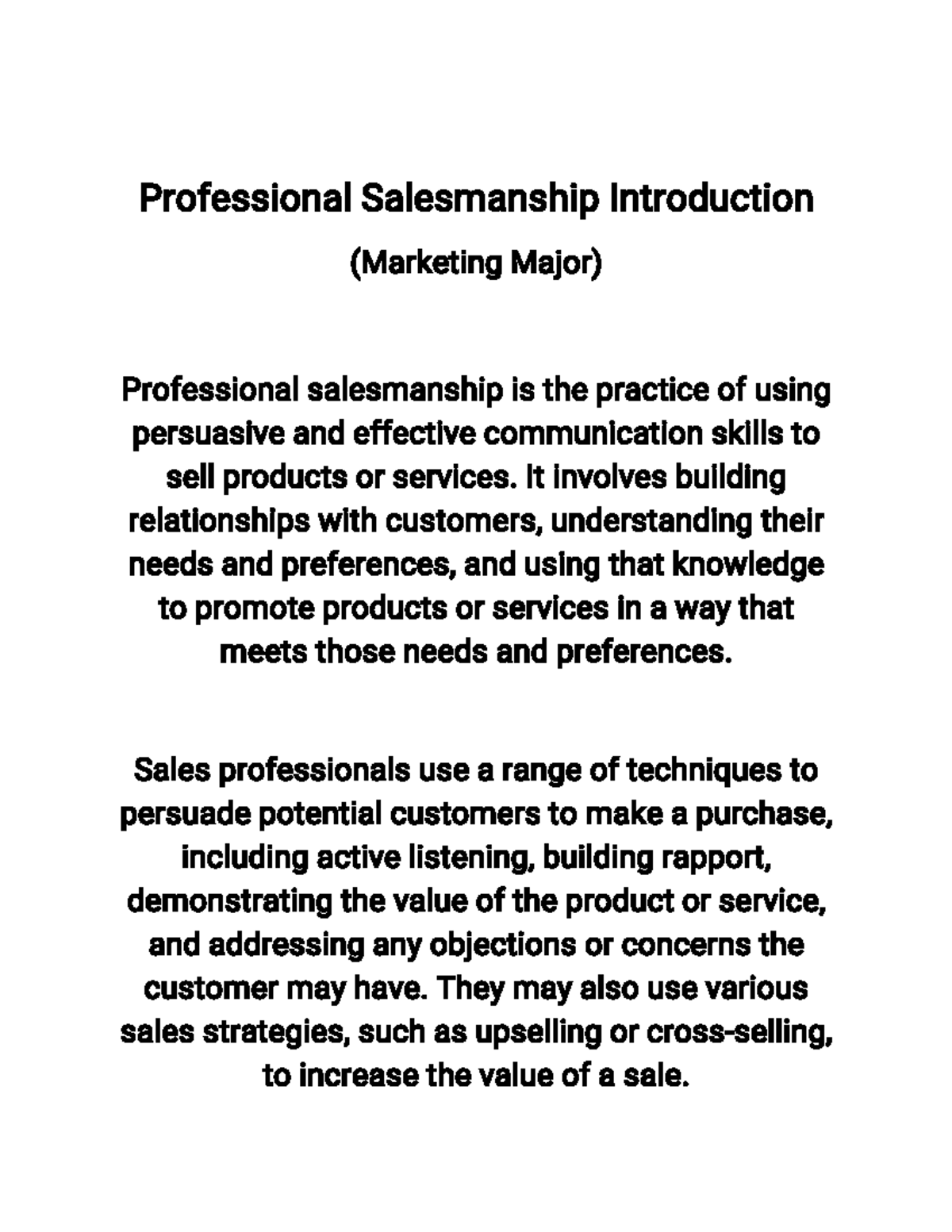 Professional Salesmanship Marketing - Professional Salesmanship ...