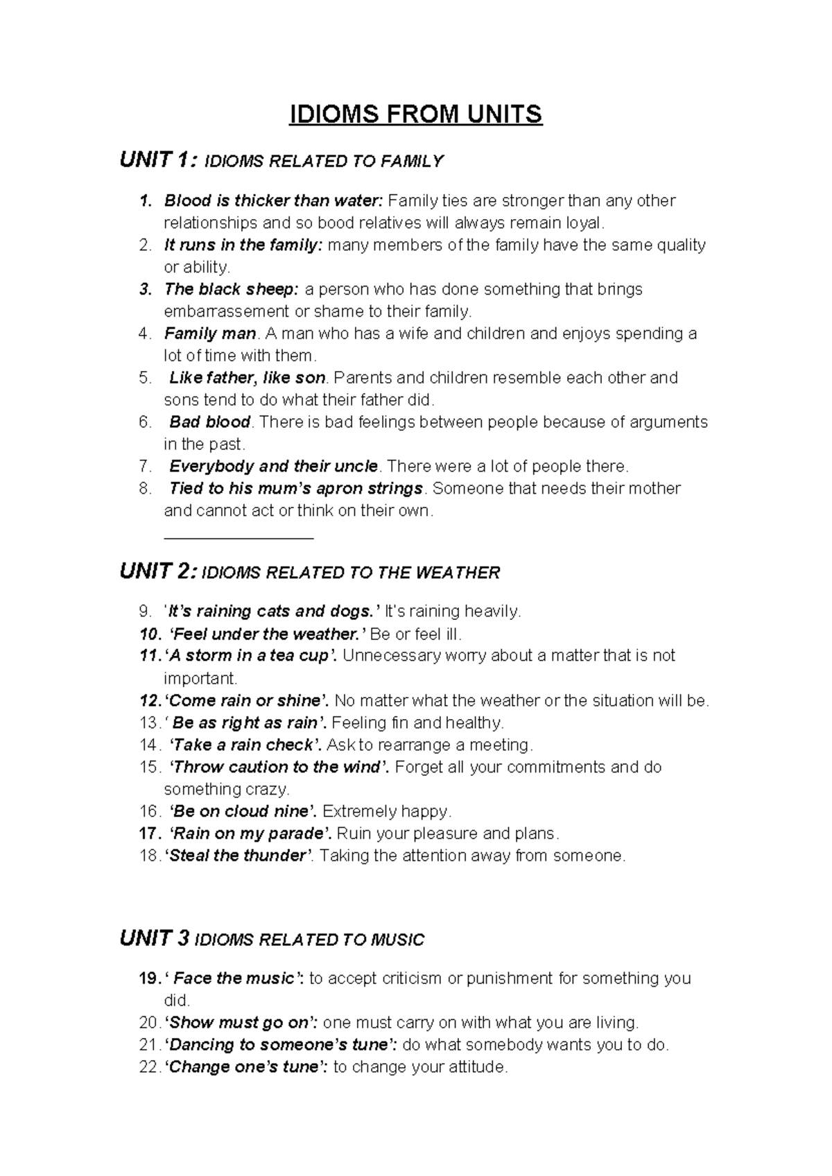 Idioms moodle - units 1 to 7 - IDIOMS FROM UNITS UNIT 1: IDIOMS RELATED TO FAMILY Blood is ...