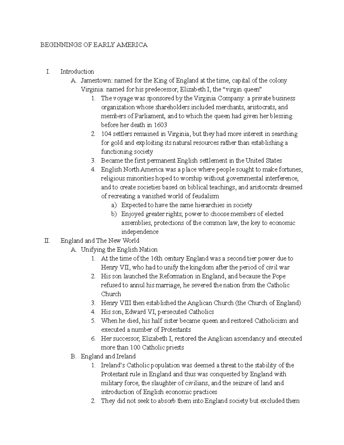 American History I Chapter 2 Notes: Seton Hall - BEGINNINGS OF EARLY ...