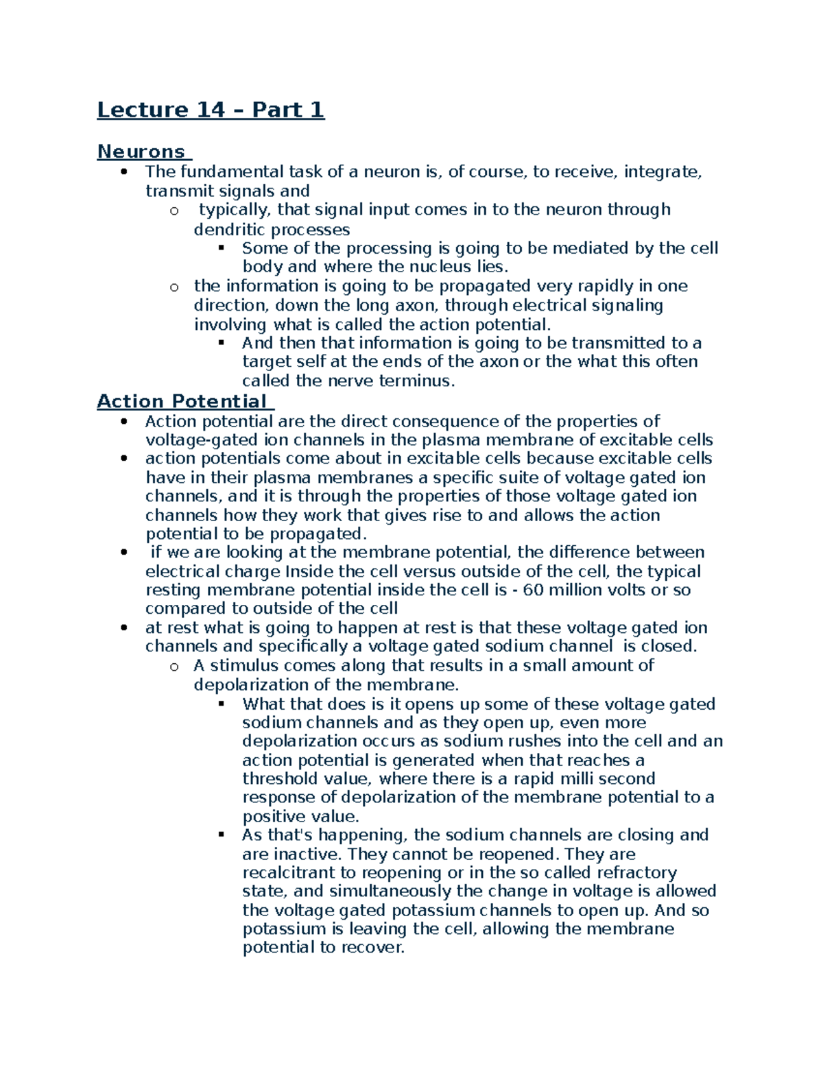 Lecture 14 Cell Biology - Lecture 14 Part 1 Neurons The fundamental ...