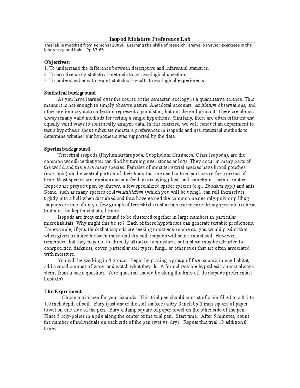 Isopod lab spring 2022 - lab for ecology proffesor raia - BIO 210 - Studocu