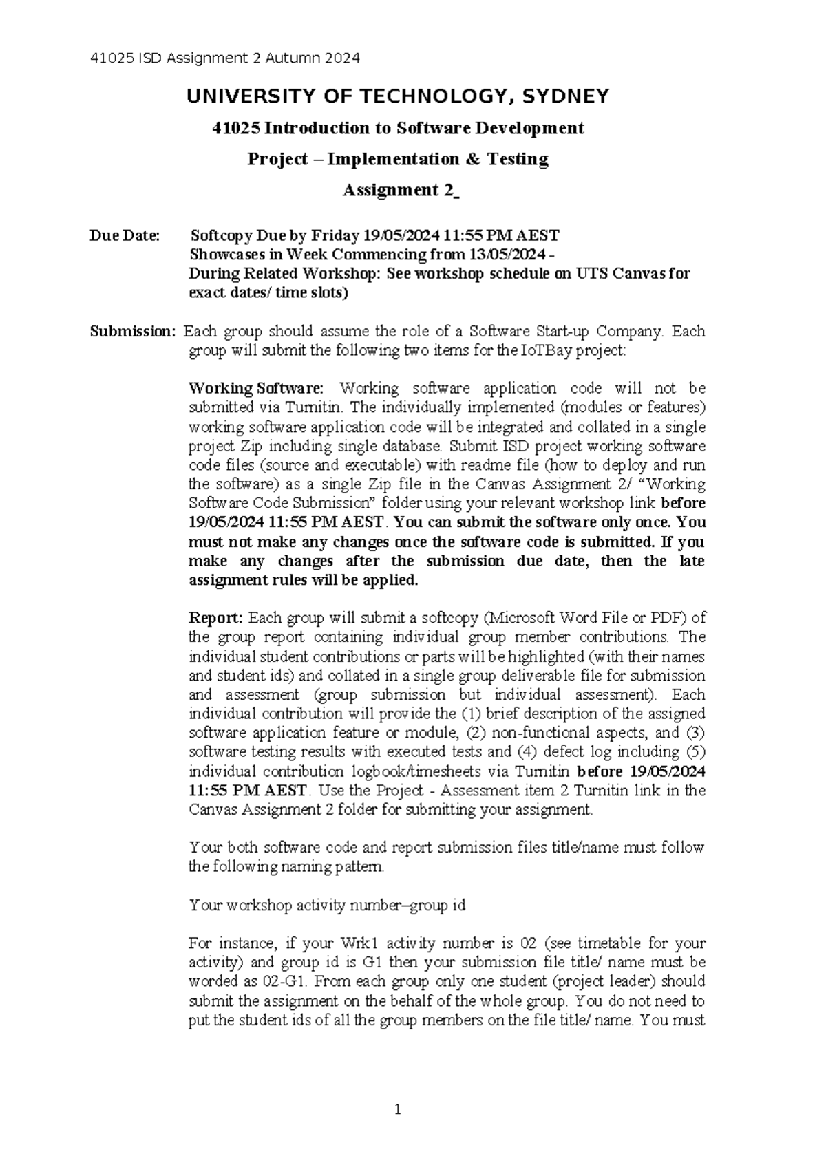 41025 ISD Assignment 2 Autumn 2024 - UNIVERSITY OF TECHNOLOGY, SYDNEY 41025 Introduction to ...