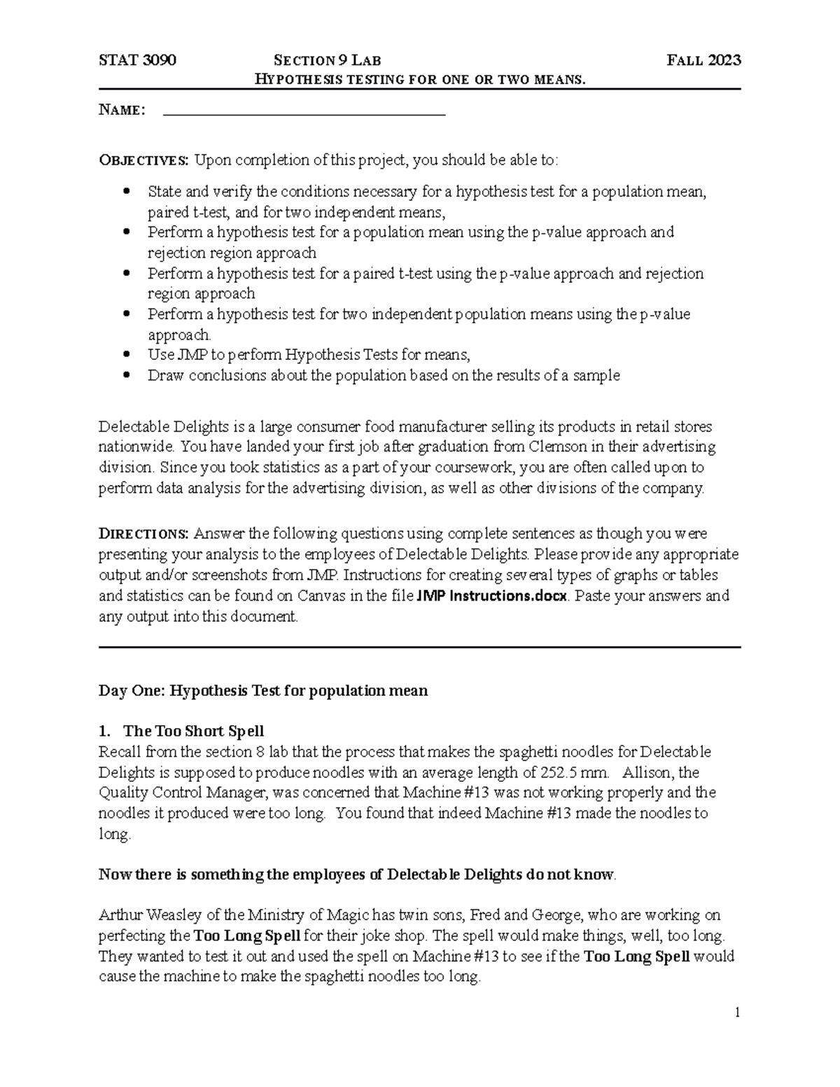 Section 9 Lab Part 2 Lab Homework Hypothesis Testing For One Or Two Means Name Objectives