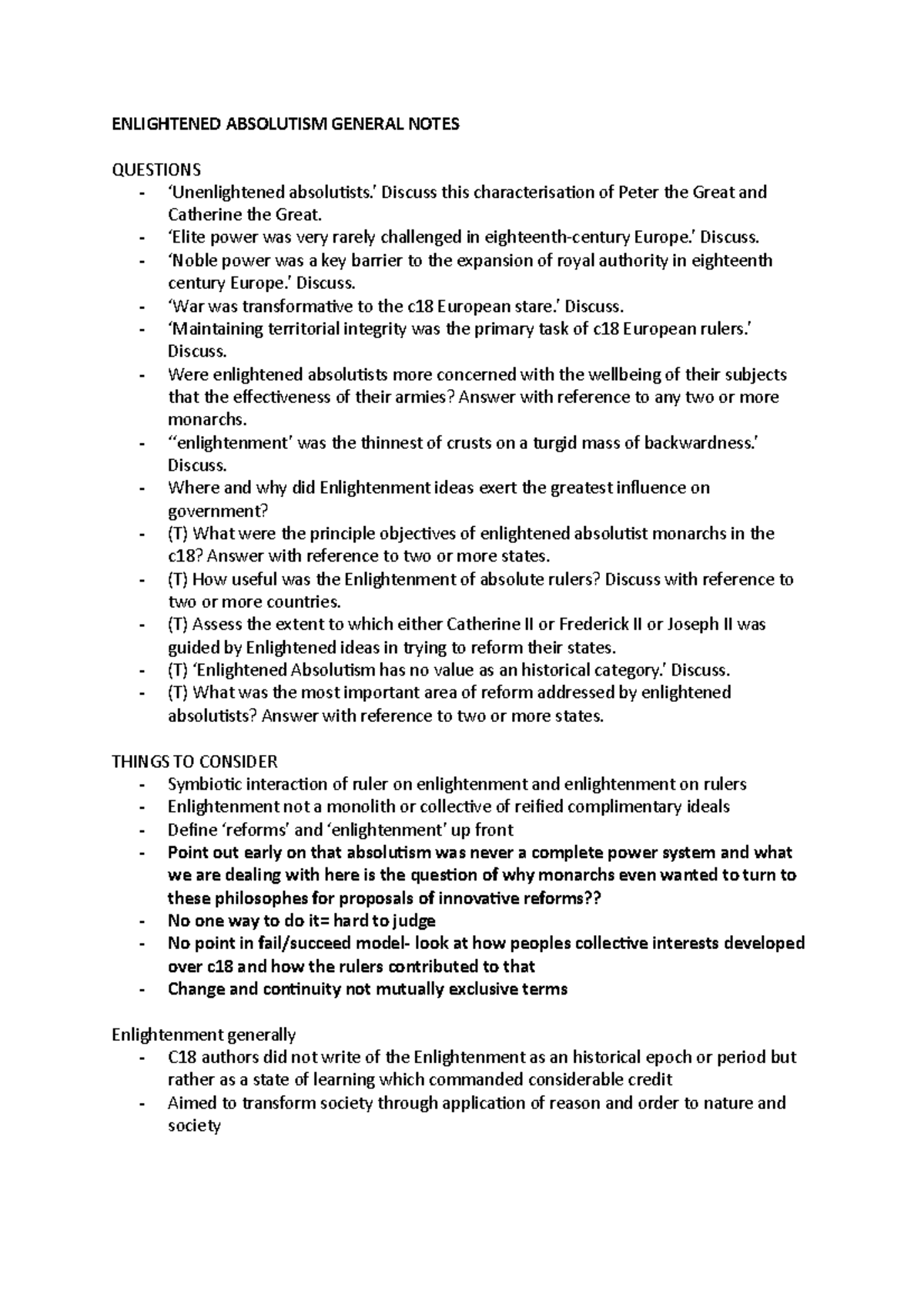 Enlightened Absolutism General Notes - ENLIGHTENED ABSOLUTISM GENERAL ...