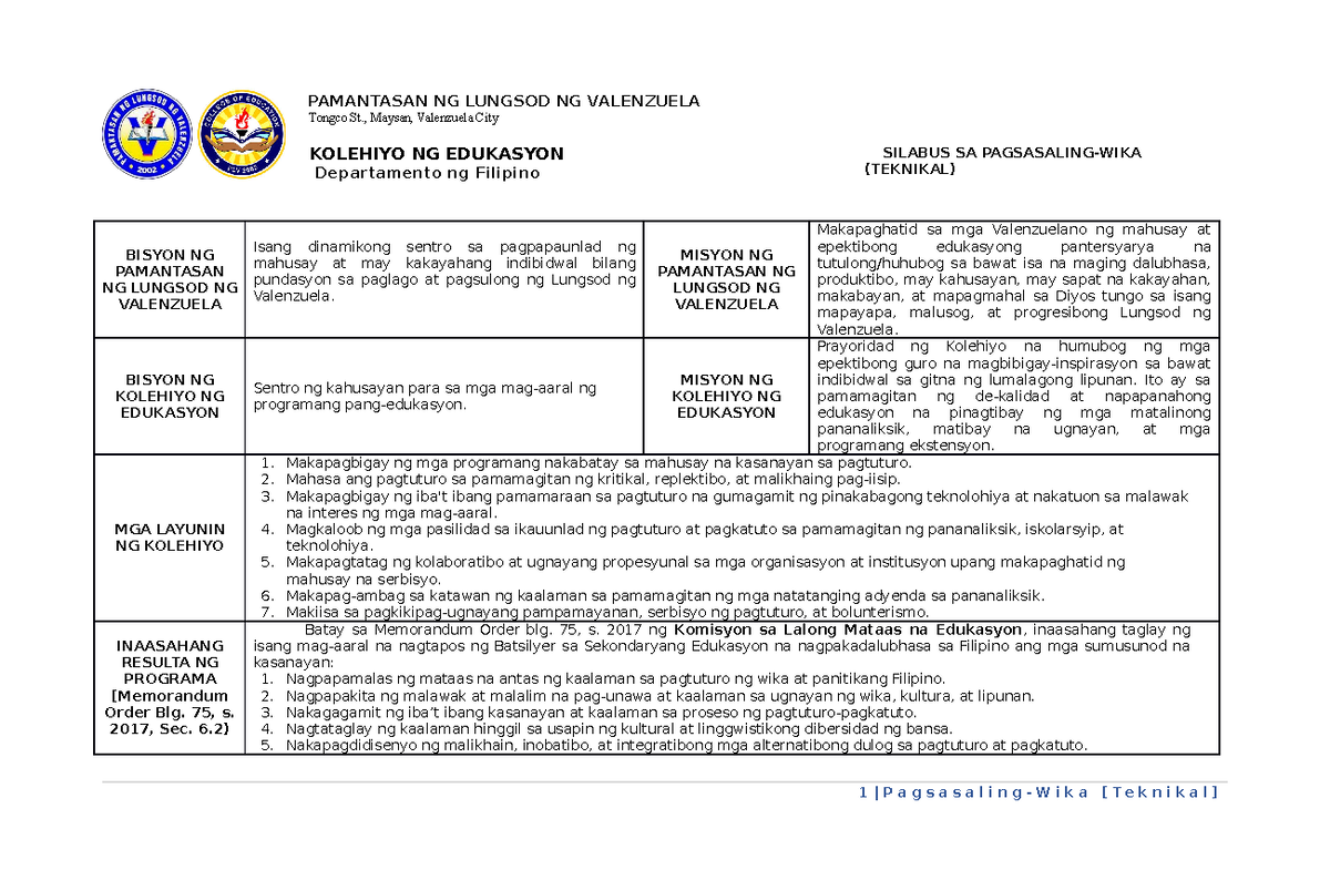 FIL1 Pagsasaling Wika Teknikal 1st Sem 2023 - BISYON NG PAMANTASAN NG ...