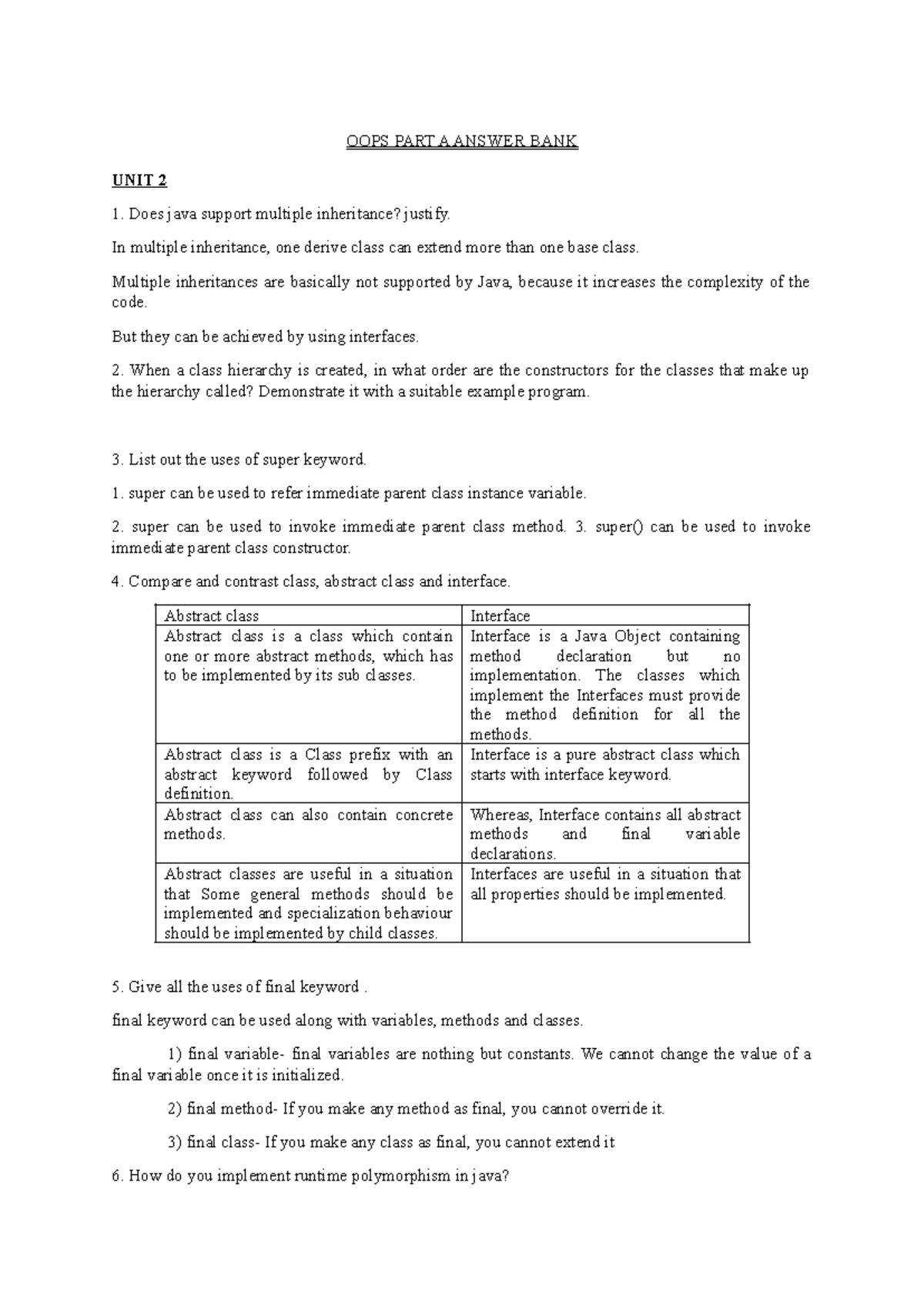 OOPS PART A Answer BANK - OOPS PART A ANSWER BANK UNIT 2 Does java support multiple inheritance ...