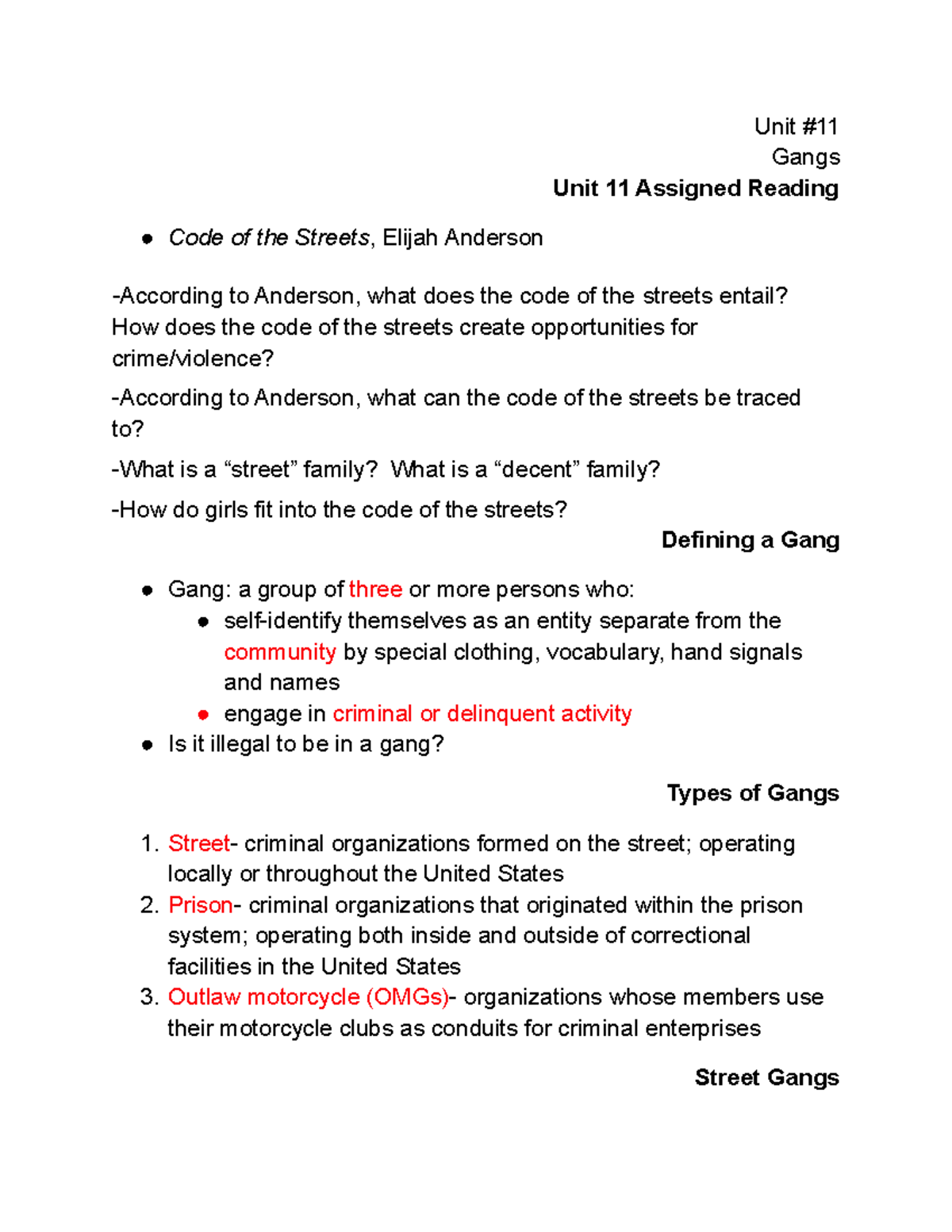 Unit #11 - Unit #11 - Unit # Gangs Unit 11 Assigned Reading Code of the ...