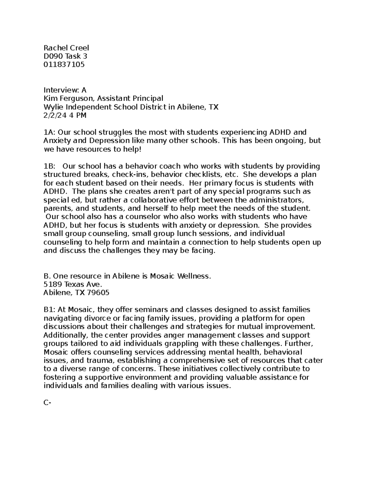 D090 Task 3 - Rachel Creel D090 Task 3 011837105 Interview: A Kim ...