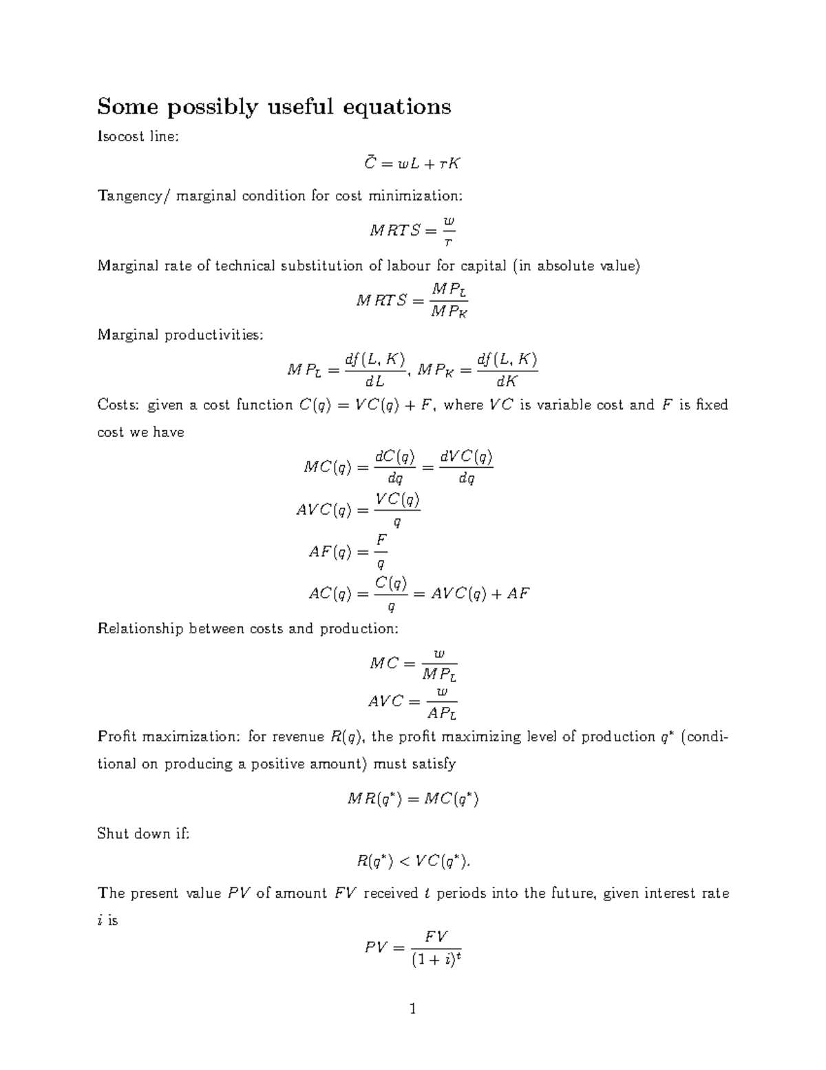 EC260 Microeconomics Provided Equation Sheet For Midterm 2 - Some ...