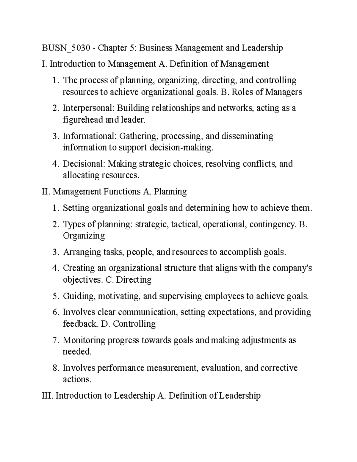 BUSN 5030 - Chapter 5 - BUSN_5030 - Chapter 5: Business Management and ...