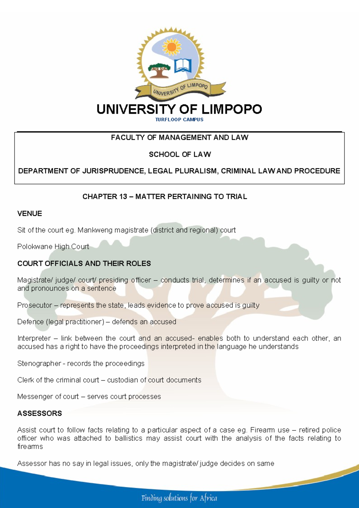 BB Chapter 13 summary of chapter 13 o - UNIVERSITY OF LIMPOPO TURFLOOP ...