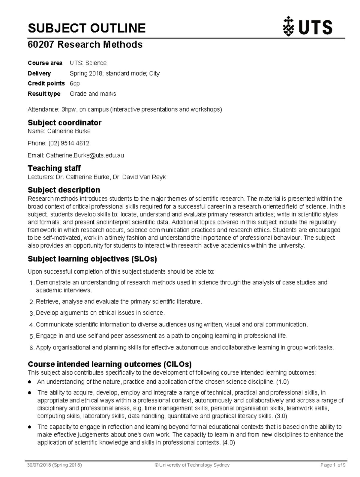 Subject Outline Spring 2018 - SUBJECT OUTLINE 60207 Research Methods ...