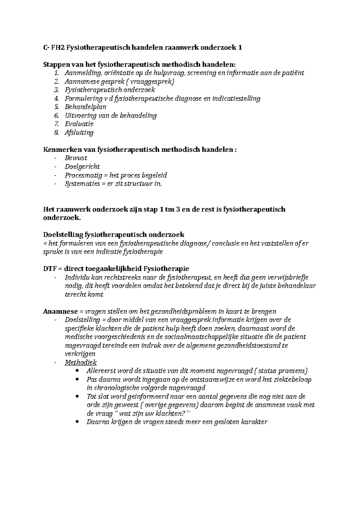 C- FH2 Fysiotherapeutisch handelen raamwerk onderzoek 1 - Aanmelding, oriëntatie op de hulpvraag ...