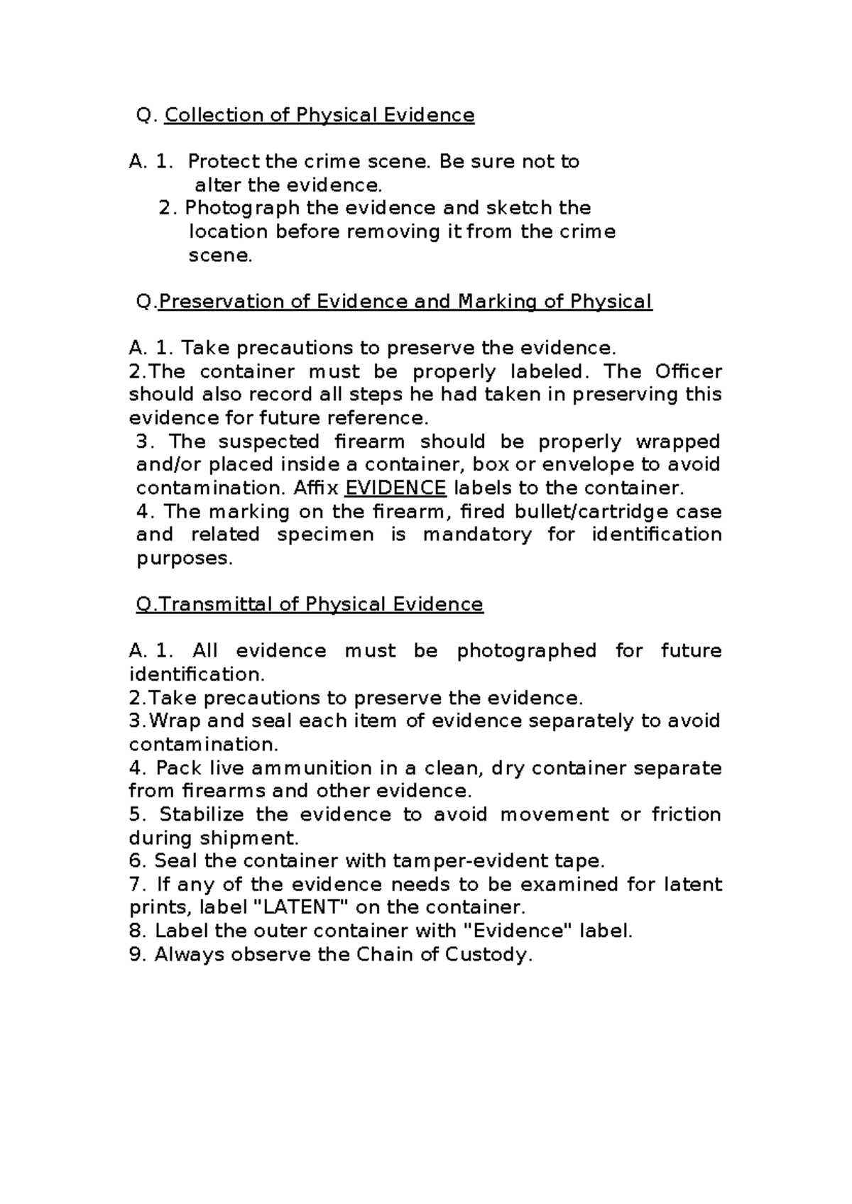 Q-and-A - Q. Collection of Physical Evidence A. 1. Protect the crime ...