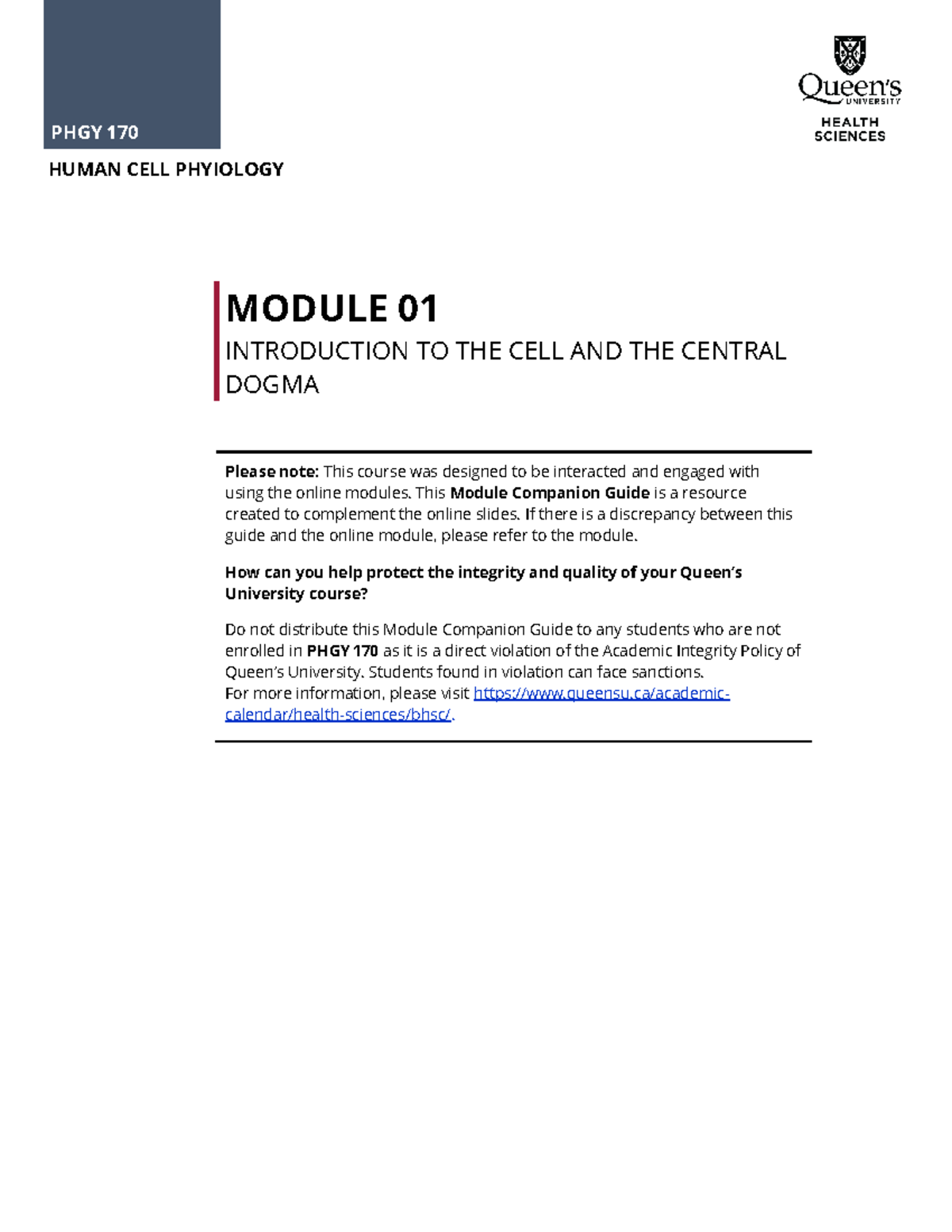 Mod 1 phgy - Mod 1 notes - oiw MODULE 01 INTRODUCTION TO THE CELL AND ...