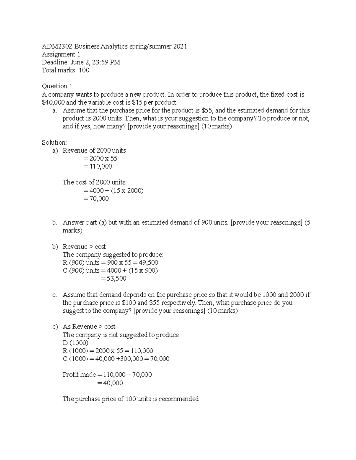 ADM2302 - assignment - ADM2302-Business Analytics-spring/summer 2021 Assignment 1 Deadline: June ...