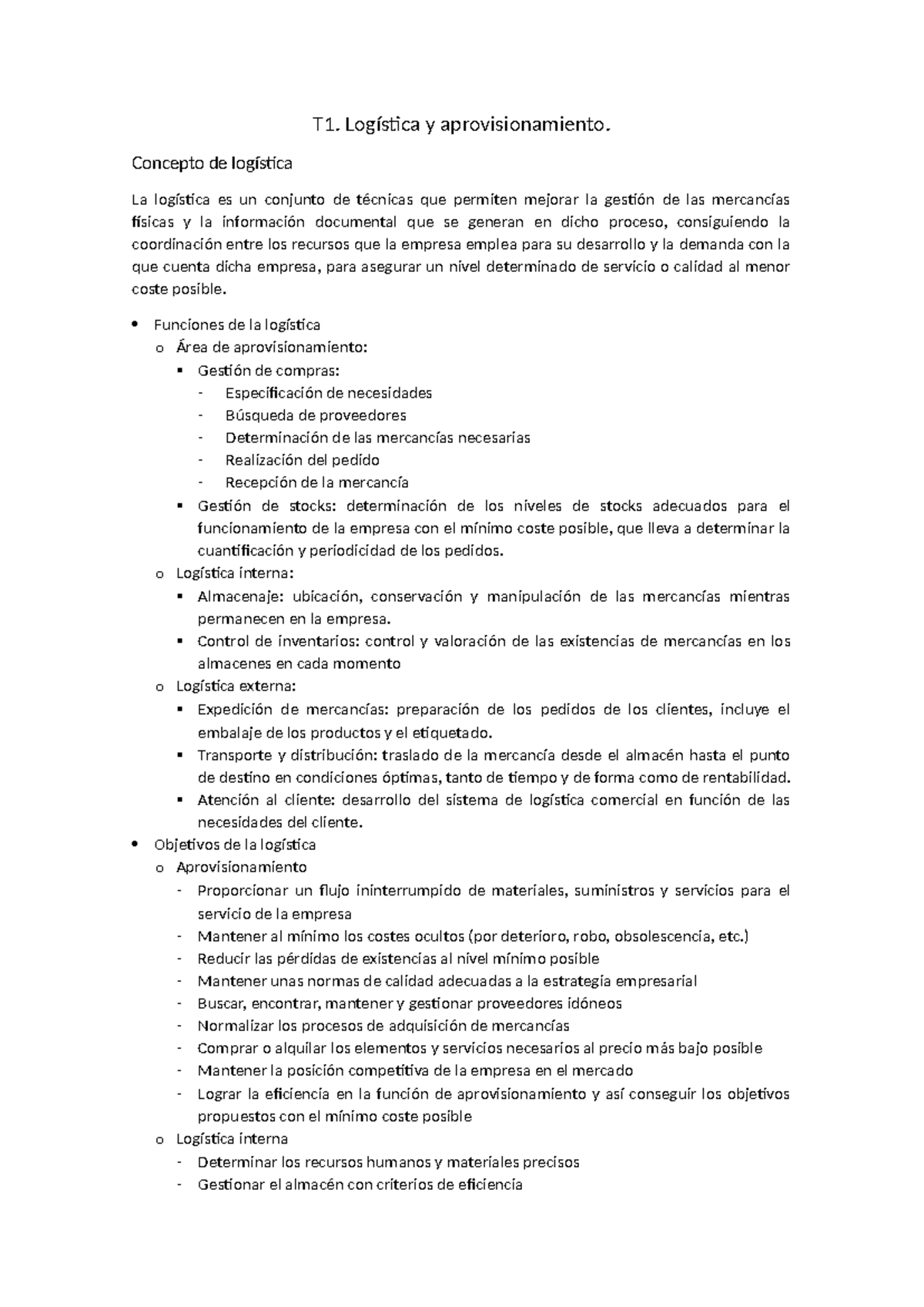 Apuntes T1 - T1. Logística y aprovisionamiento. Concepto de logística ...