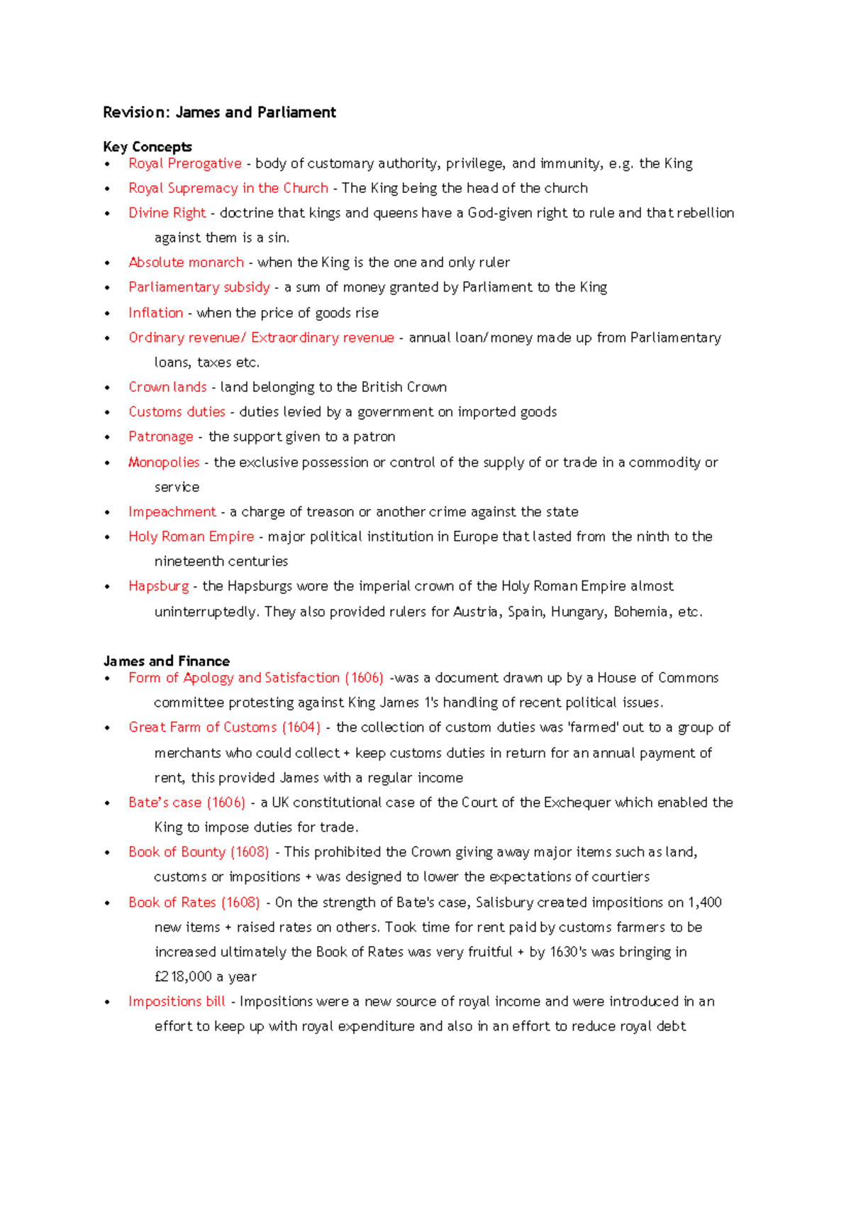 Revision concepts - Revision: James and Parliament Key Concepts Royal ...