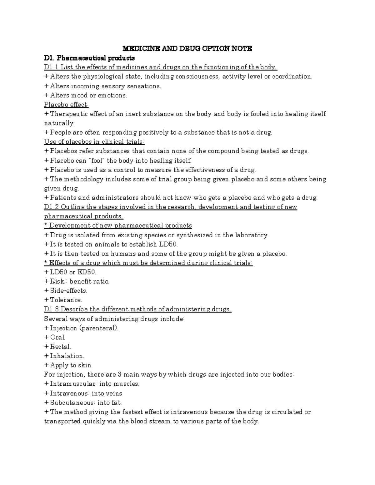 Medicine and drug option note 1 2 - MEDICINE AND DRUG OPTION NOTE D1 ...