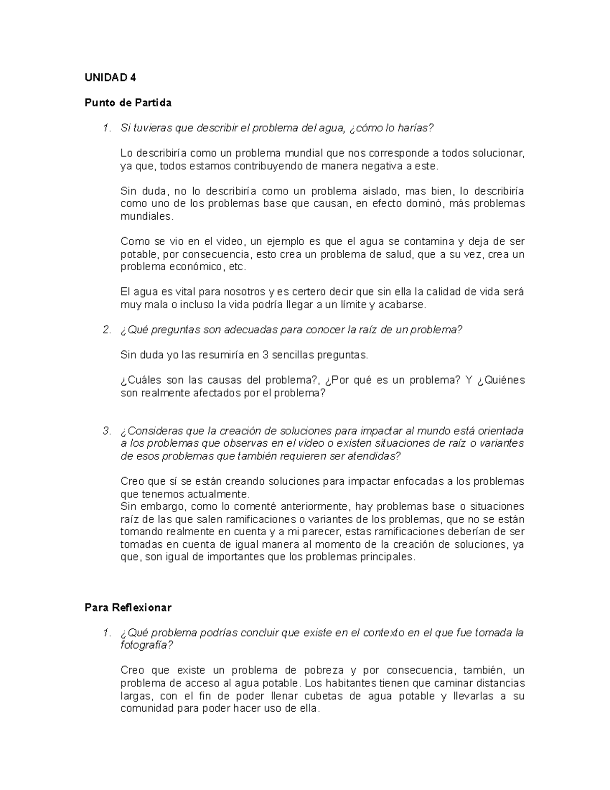 Diario Reflexiones 2 - UNIDAD 4 Punto de Partida Si tuvieras que describir el problema del agua ...